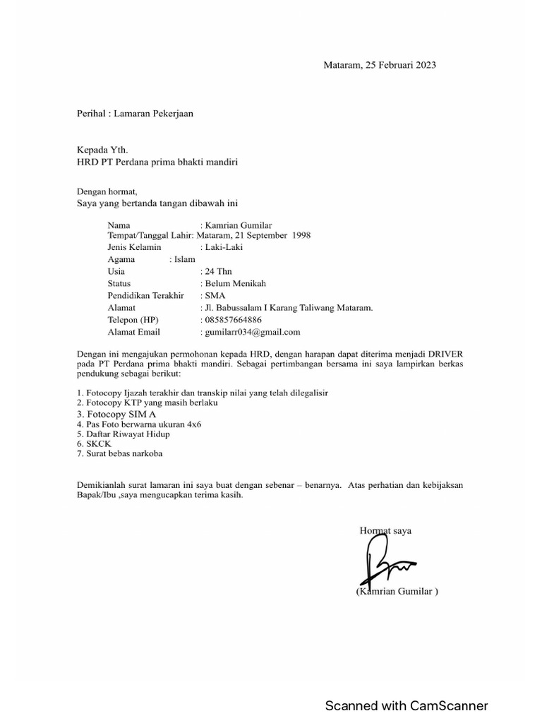 Lamaran PPBM Posisi Driver | PDF