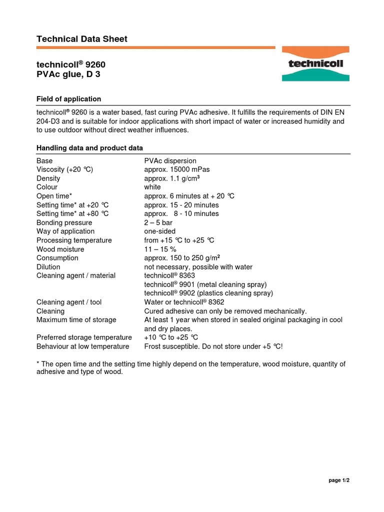 PI - Technicoll - 9260 - GB - TDS PVAc | PDF | Adhesive | Applied And Interdisciplinary Physics