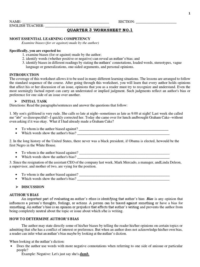 Quarter 3 Worksheet 1 | PDF | Bias | Stereotypes