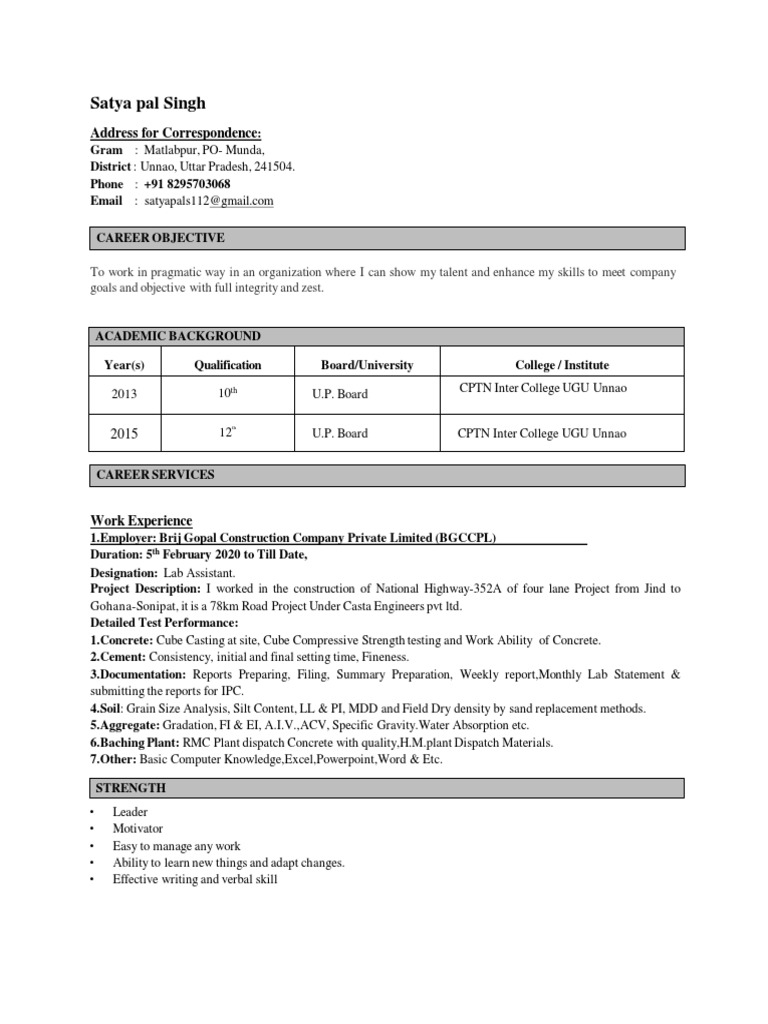 Satya Pal Singh Resume | PDF | Concrete