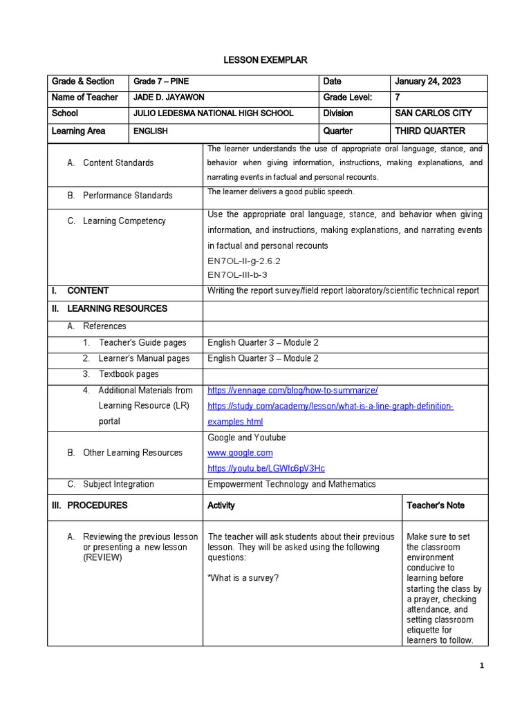 Lesson Exemplar | Download Free PDF | Reading Comprehension | Learning