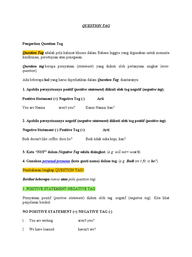 Panduan Lengkap Question Tag | PDF | Seni & Disiplin Bahasa