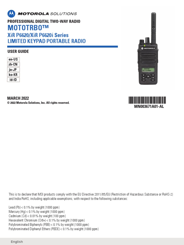 MN003671A01-AL Multilingual XiR P6620 XiR P6620i Limited Keypad ...