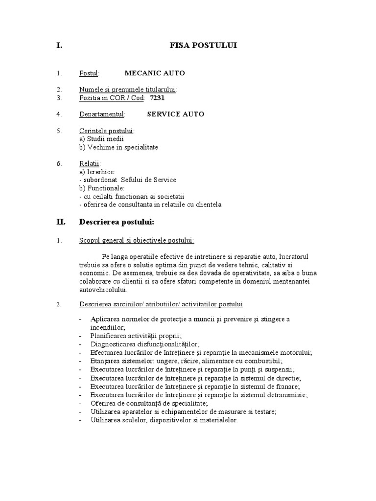 Fisa Post Mecanic Auto Service Model | PDF