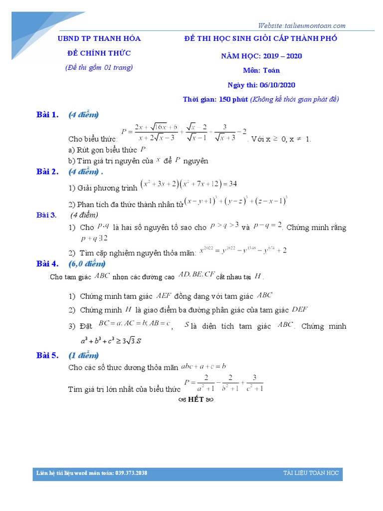 HSG Toan 9 2020 2021 Thanh Pho Thanh Hoa Toan Thcs VN | PDF