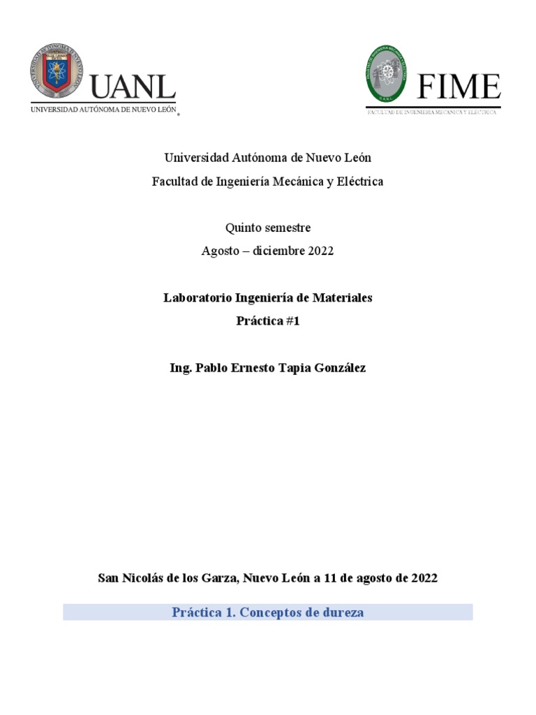 Practica 1 Lab Ing Materiales | PDF | Dureza | Ciencias fisicas