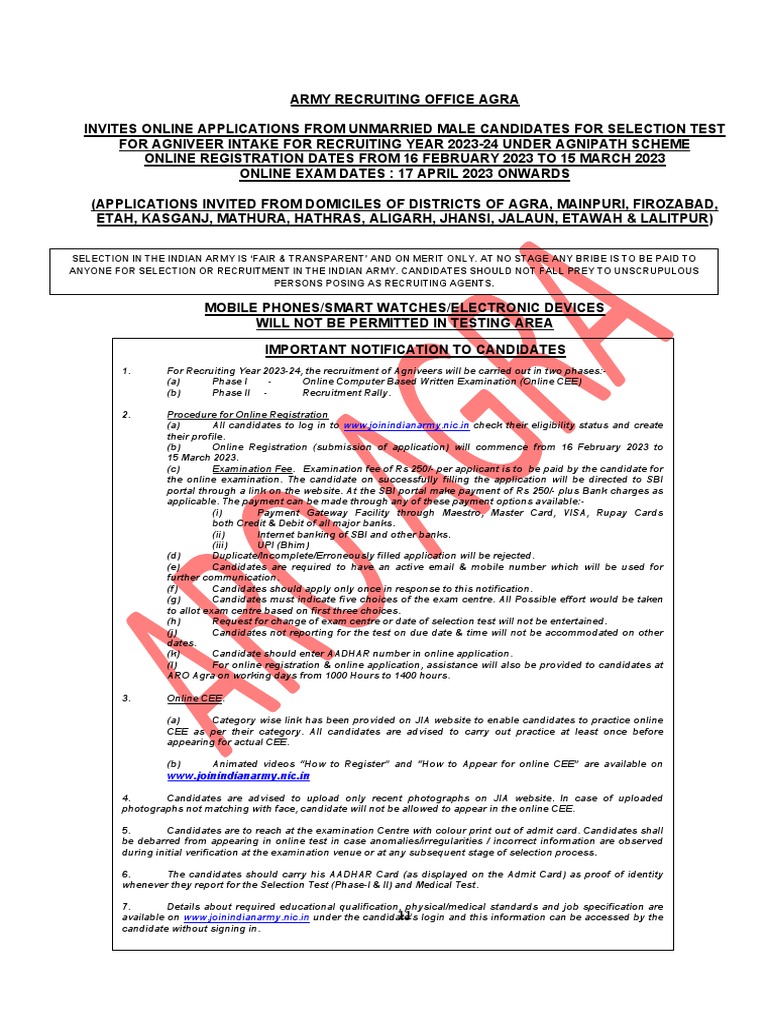 ARO Agra Recruitment Notification For Agniveer Men For The Year 2023 24 ...
