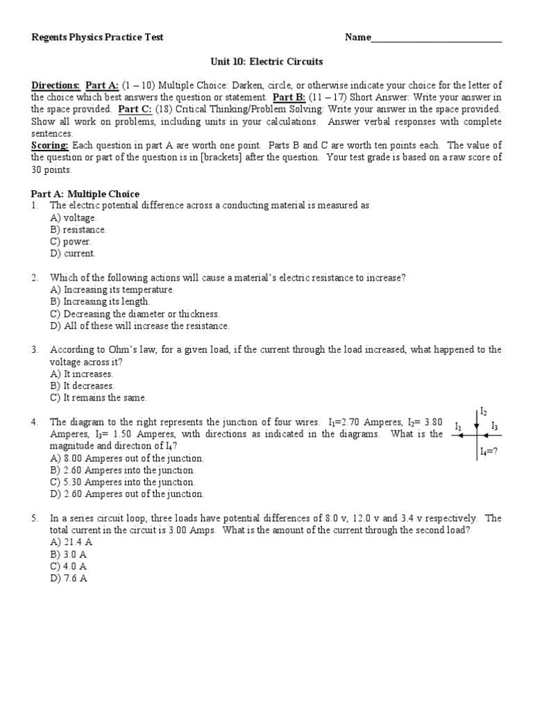Unit 10 Regents Physics Test (Circuits Review) | PDF | Series And ...