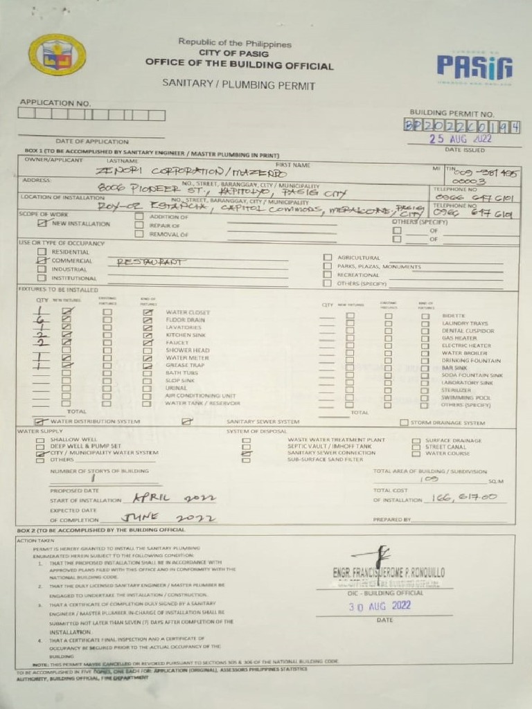 Sanitay and Plumbing Permit | PDF