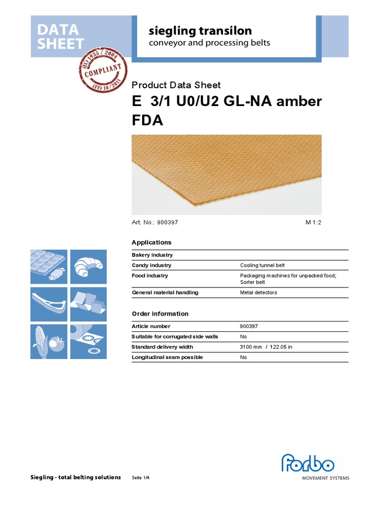 Data Sheet: E 3/1 U0/U2 GL-NA Amber FDA | PDF | Belt (Mechanical) | Sheet Metal