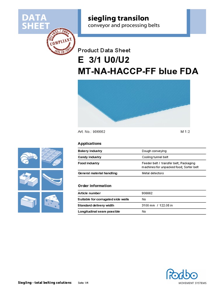 Data Sheet: E 3/1 U0/U2 Mt-Na-Haccp-Ff Blue Fda | PDF | Belt (Mechanical) | Mechanical Engineering