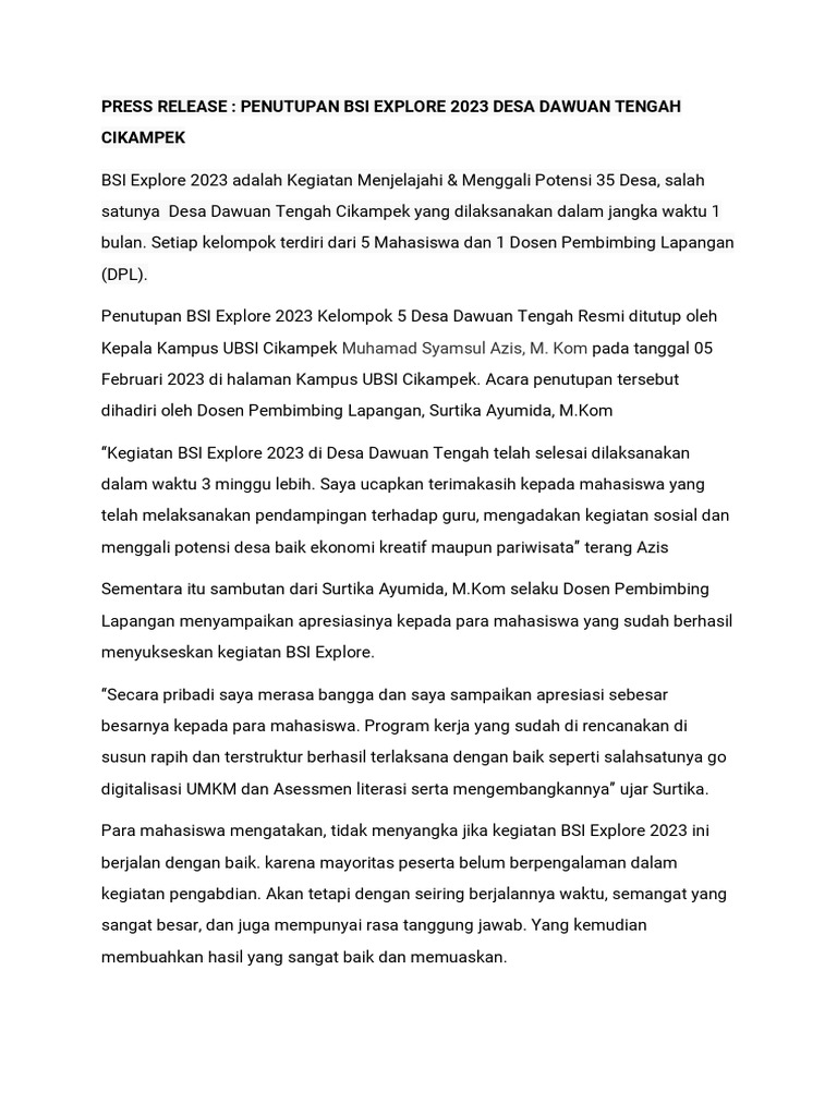 Press Release Penutupan BSI Explore Dawuan Tengah Cikampek | PDF