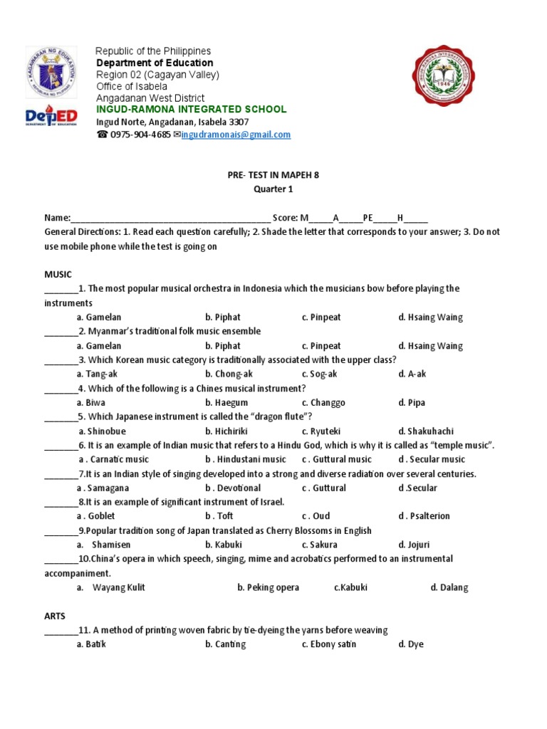 MAPEH 8 Pre-Test for Quarter 1 | PDF