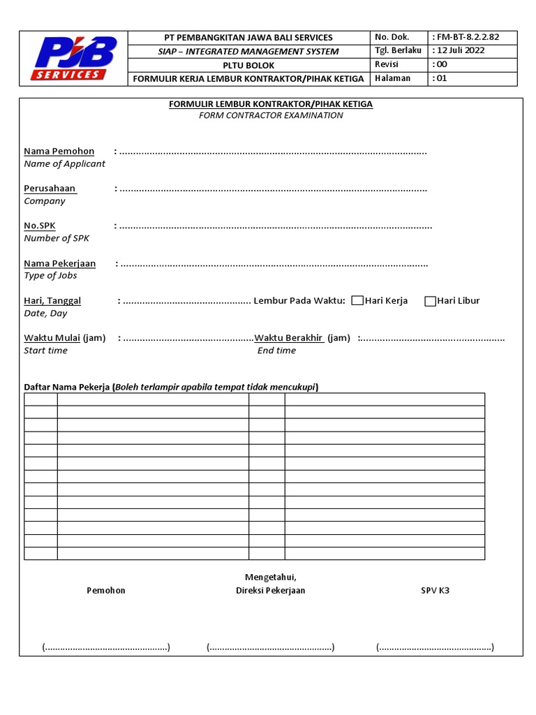 FM-BT-8.2.2.82 Formulir Lembur Kontraktor | PDF