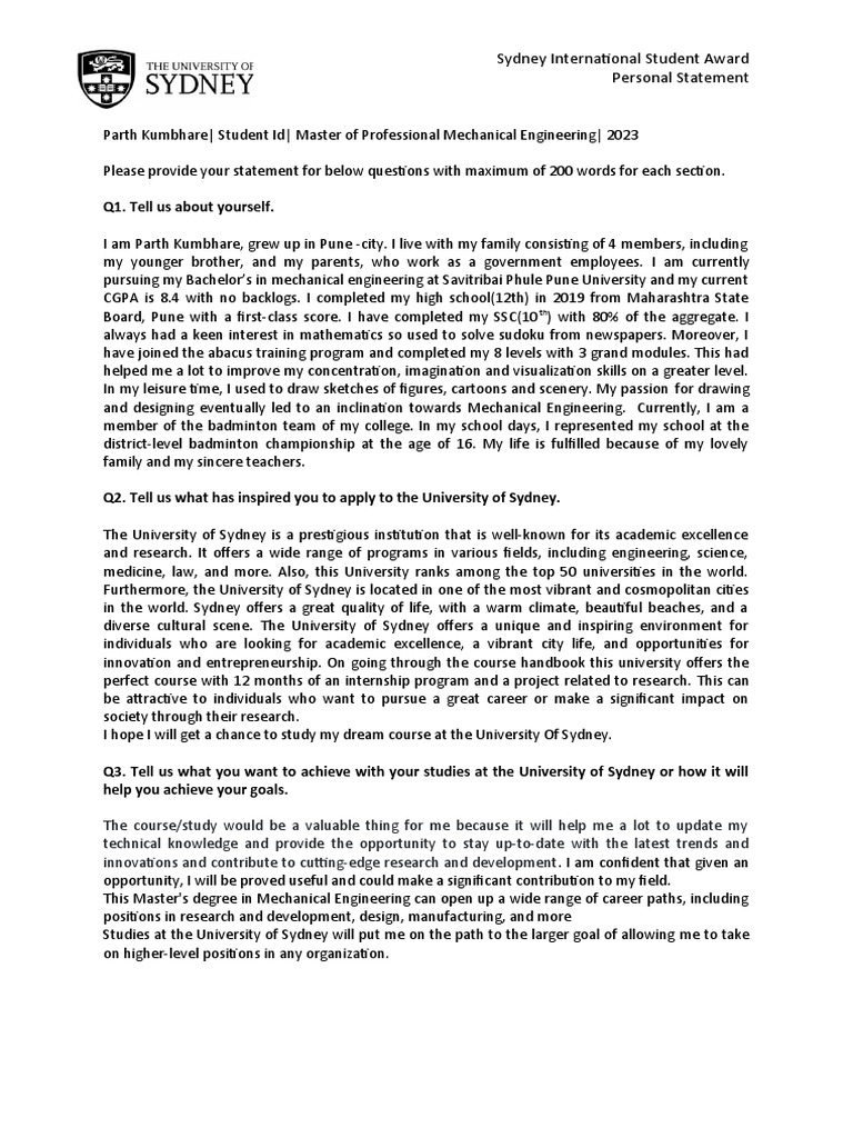 Sydney International Student Award - Personal Statement Parth | PDF | Cognition