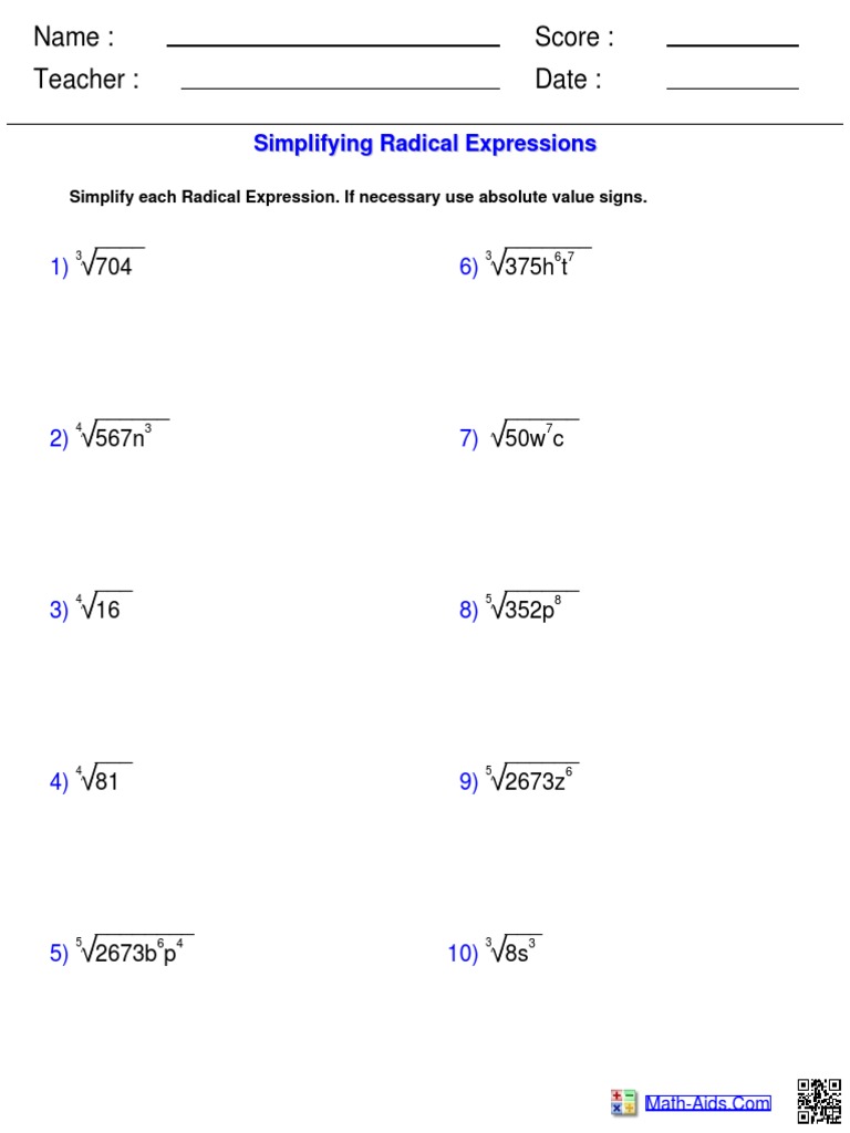 Simplifying Radical Expressions Worksheet | PDF