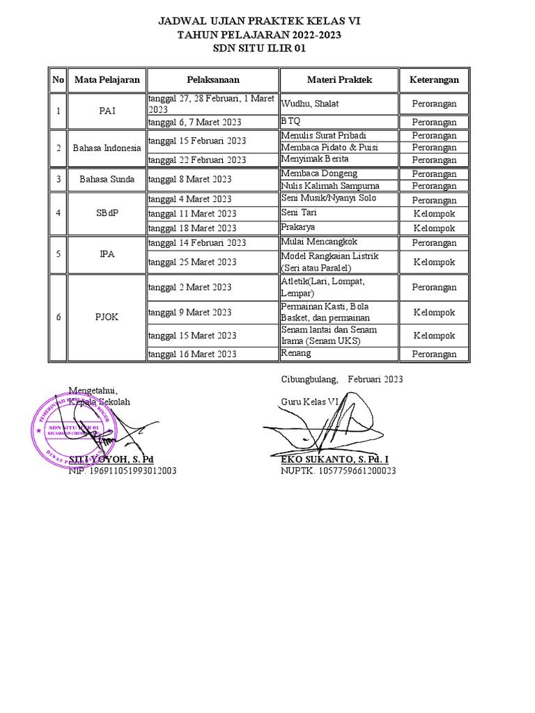 Jadwal Ujian Praktek Kls VI - 2022-2023 | PDF
