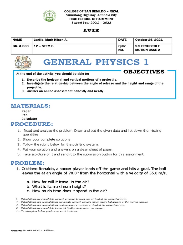 Gen Phy - Quiz 2.2 Projectile Motion Case 2 - Carillo | PDF ...
