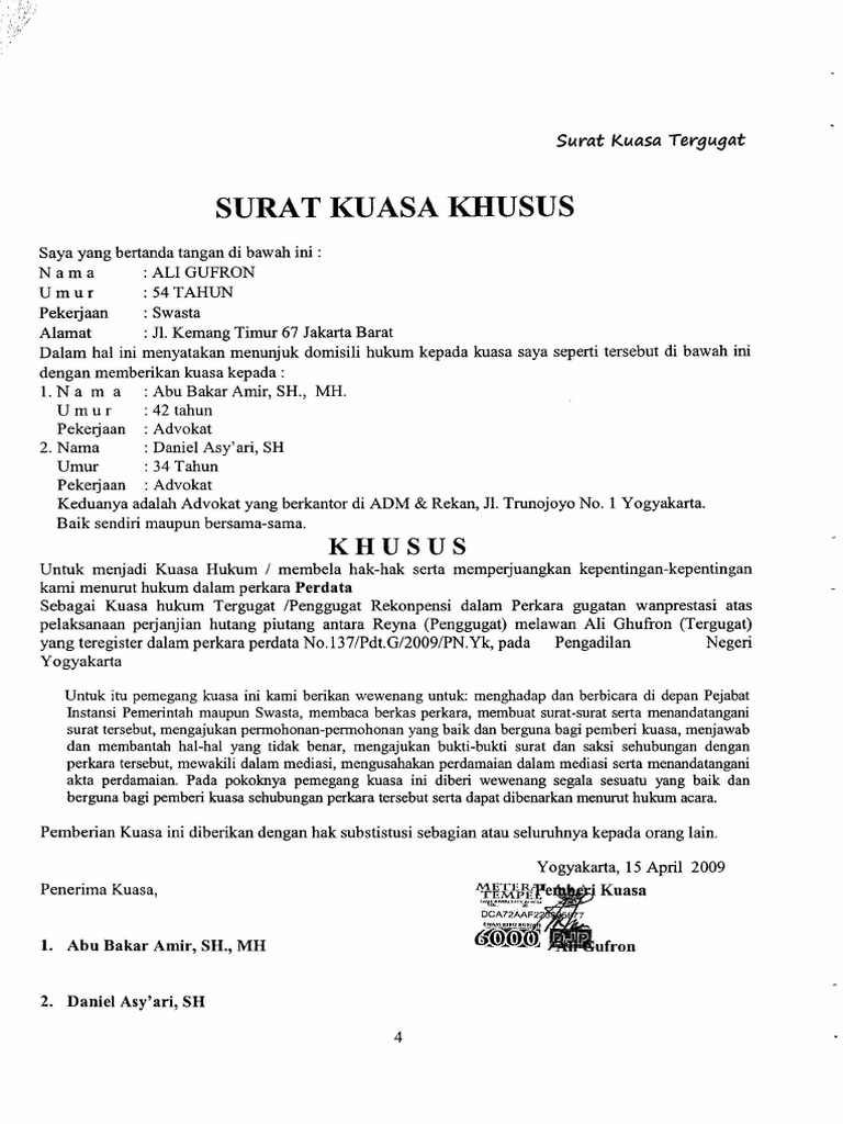 Contoh Surat Kuasa Khusus | PDF