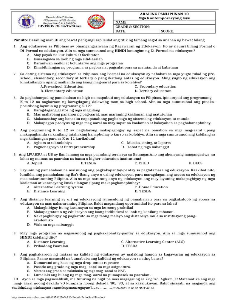 AP10 Fourth Periodical Test | PDF