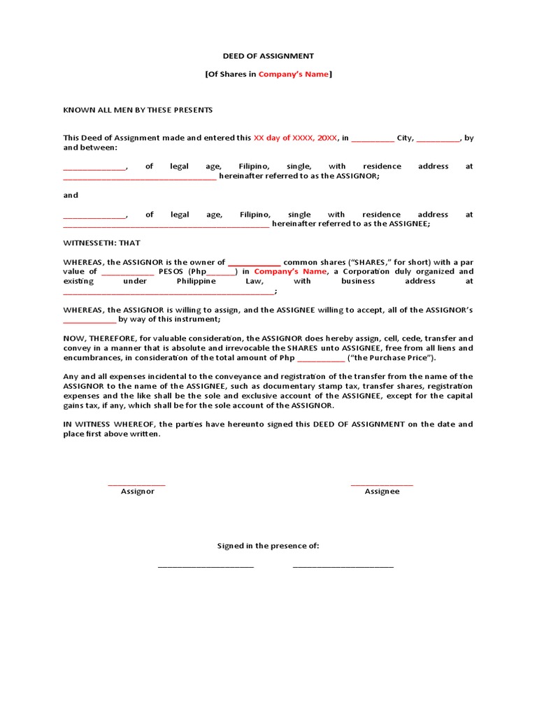 Deed of Assignment for Shares | PDF | Assignment (Law) | Civil Law ...