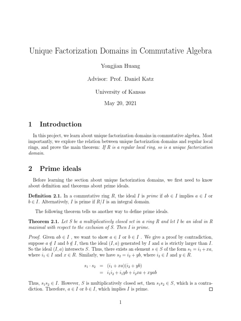 Unique Factorization Domains In Commutative Algebra Pdf Ring Mathematics Factorization