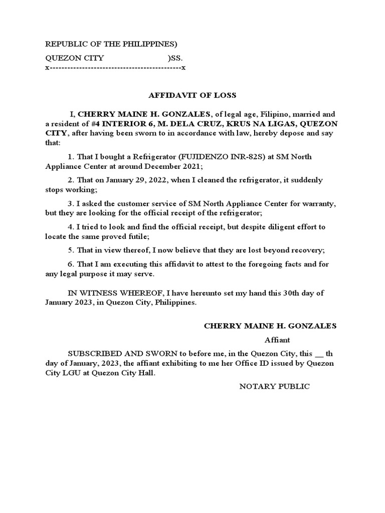 AFFIDAVIT OF LOSS RECEIPT | PDF