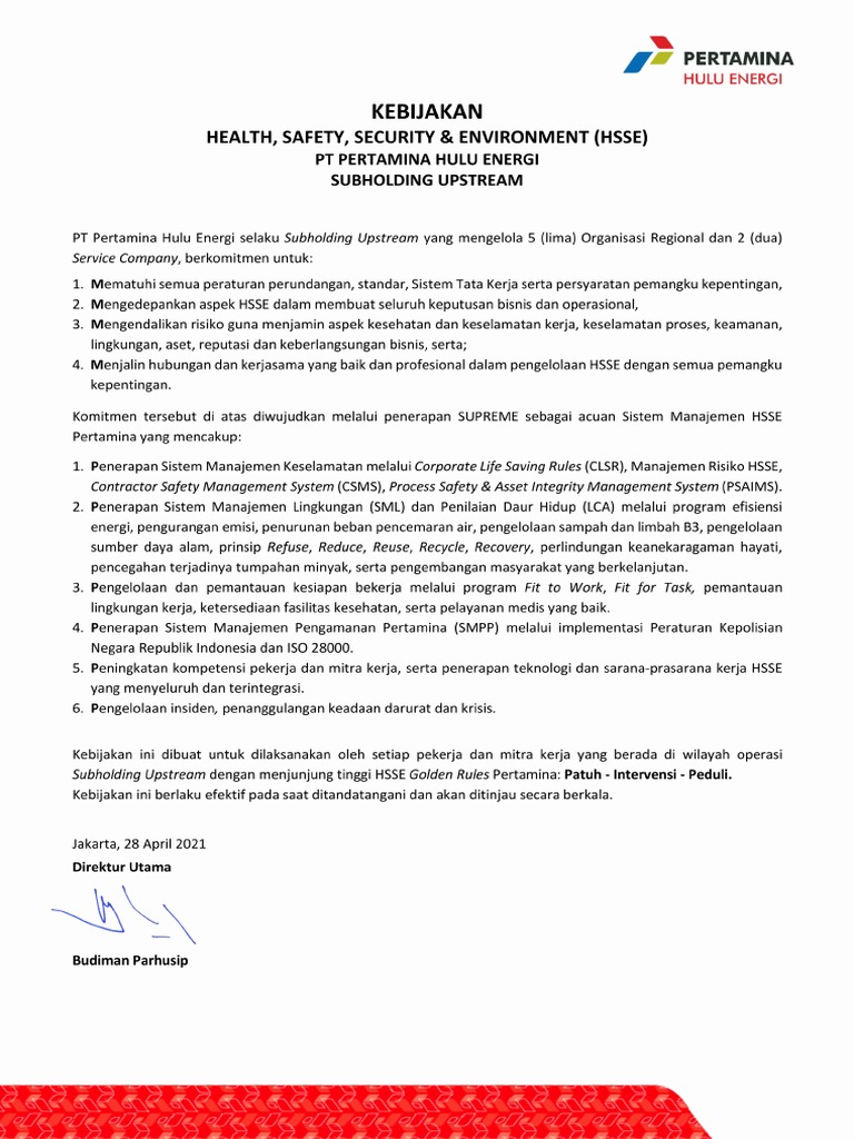 Kebijakan HSSE SHU - Hires | PDF