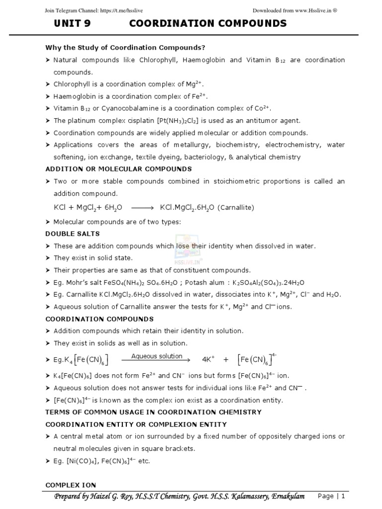 Hsslive Xii Chem 9. Co Ordination Compounds | PDF | Coordination Complex | Ligand