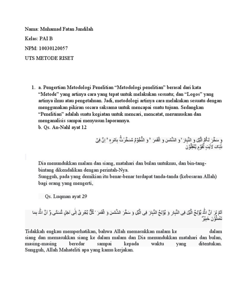 UTS METODE RISET - Muhamad Fatan Jundilah - 10030120057 | PDF