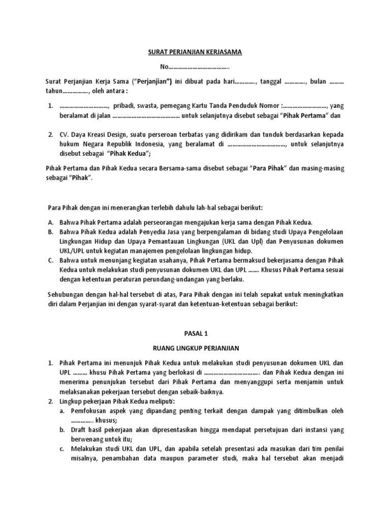 SURAT PERJANJIAN KERJASAMA Kontrak UKL Dan UPL | PDF