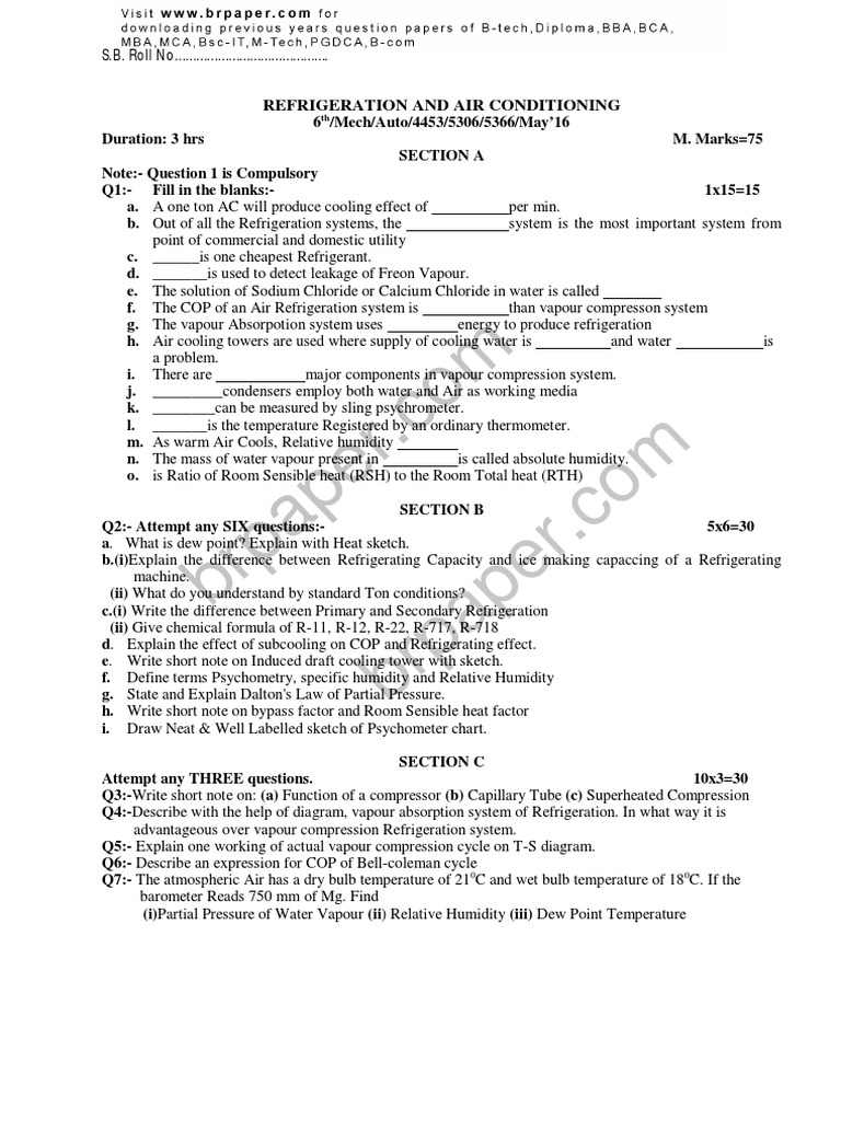 Diploma Engineer Question Paper-3 | Download Free PDF | Refrigeration ...