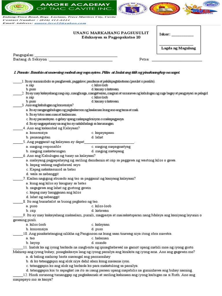 ESP 10 First Quarter Exam | PDF