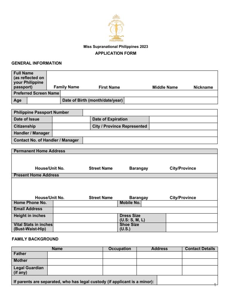 Miss Supranational Philippines 2023 Application Form | PDF