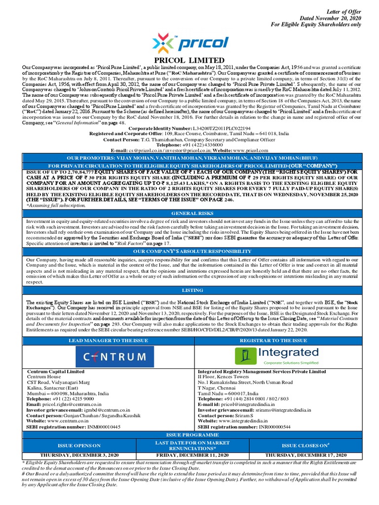 Pricol Limited: Letter of Offer Dated November 20, 2020 For Eligible ...