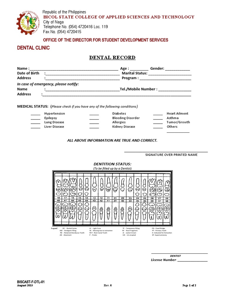 Student Dental Record Form | PDF