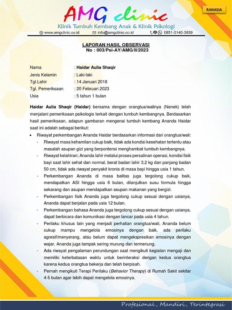 003 - Haidar Aulia Shaqir - Hasil Observasi - 5 Tahun 1 Bulan - Tajur | PDF | Pengembangan Diri ...