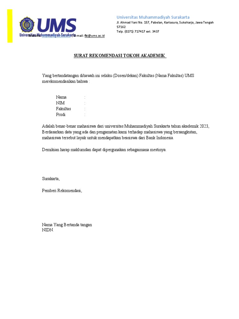 Surat Rekomendasi Beasiswa UMS | PDF