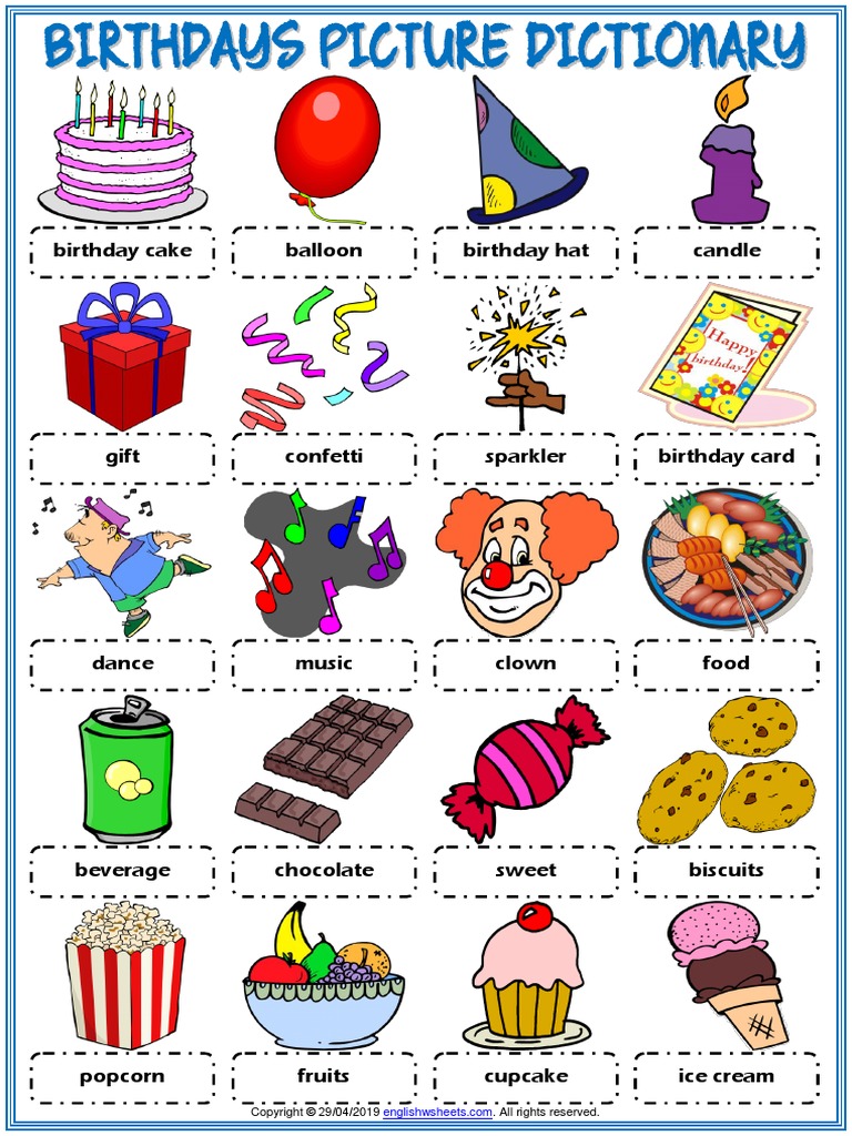 Birthdays Vocabulary Esl Picture Dictionary Worksheet For Kids | PDF
