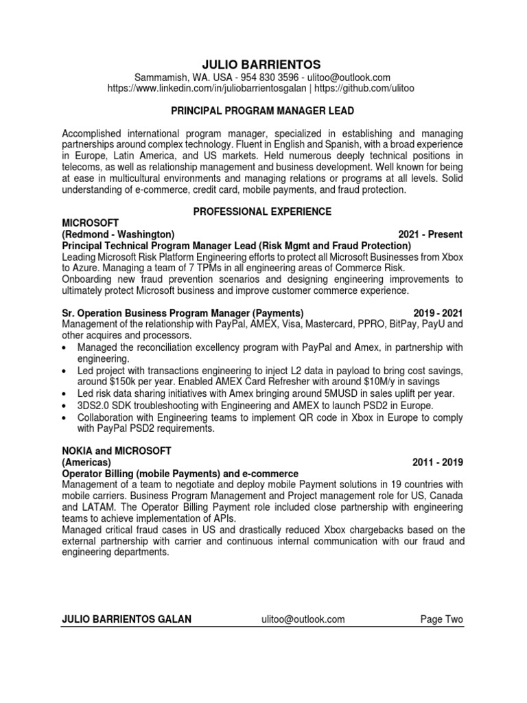 Julio Barrientos Resume - Principal PM Lead 2023 | PDF | Nokia | Pay Pal