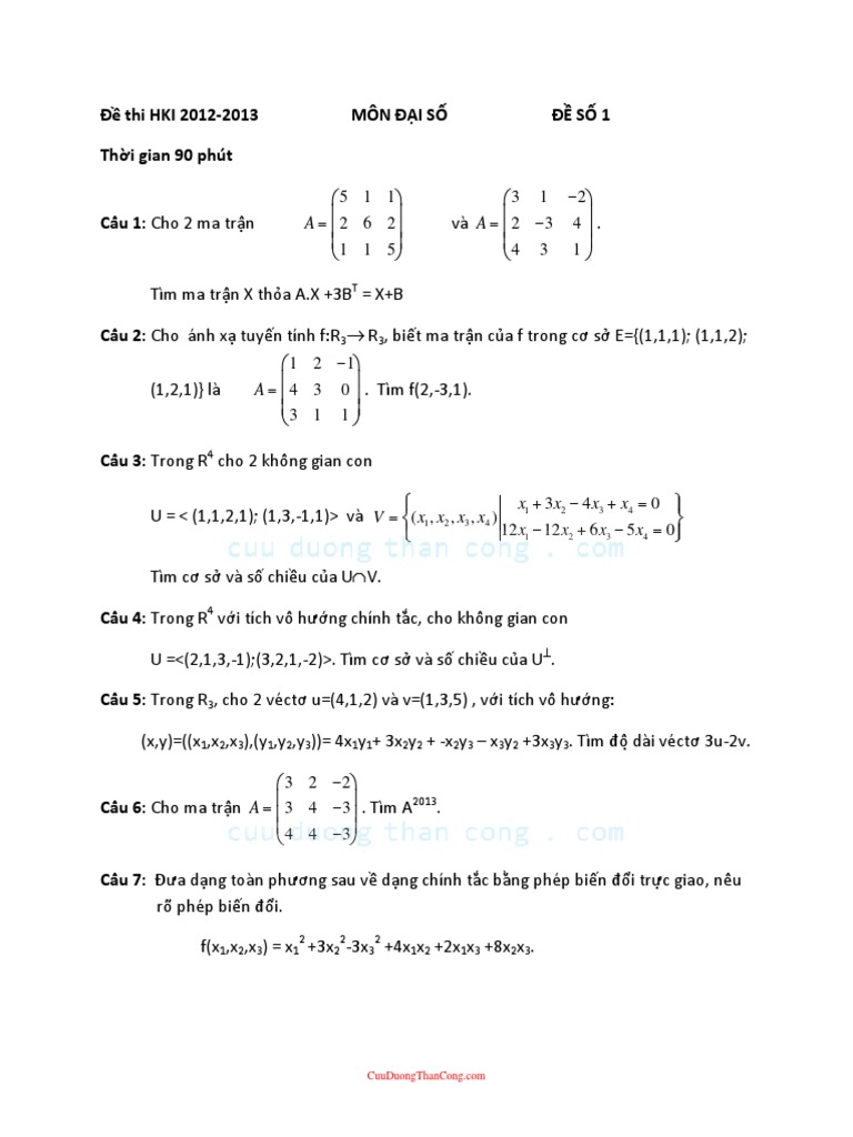 Dai-So-Tuyen-Tinh - de - Thi - Hki - 2012 - Dai - So - (Cuuduongthancong - Com) | PDF