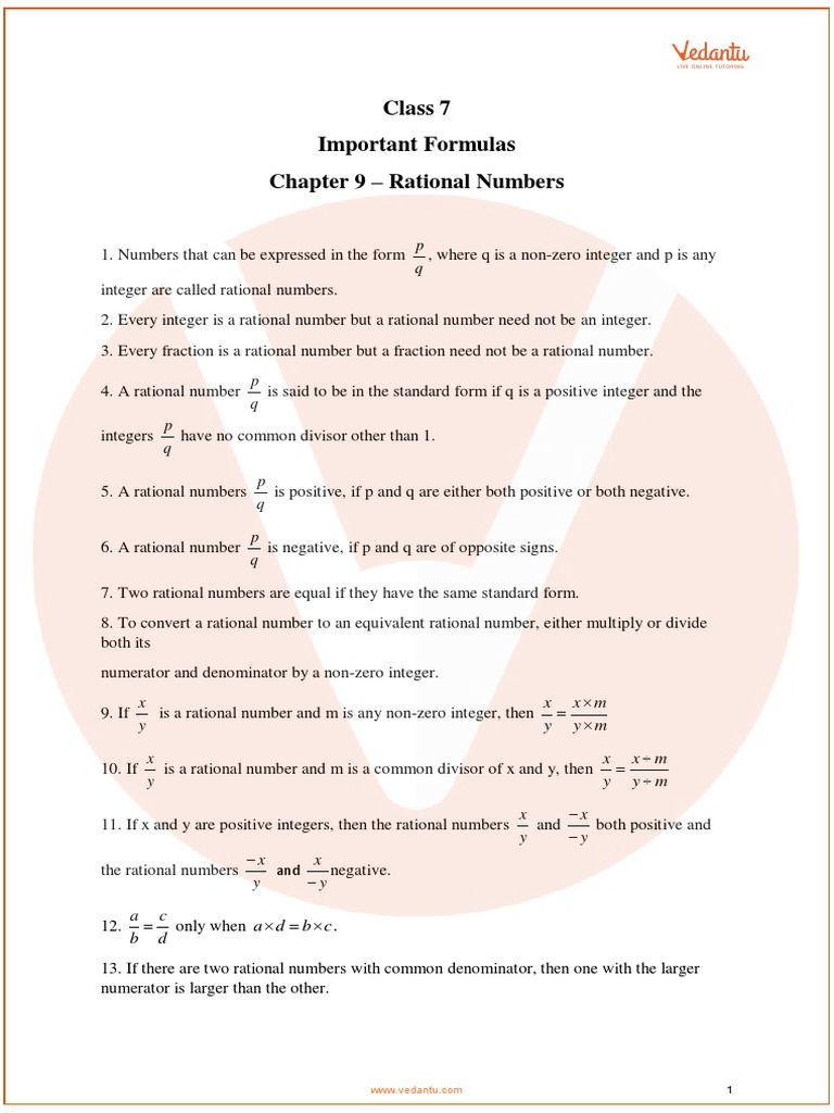 Class 7 Rational Numbers Formulas | PDF | Rational Number | Numbers