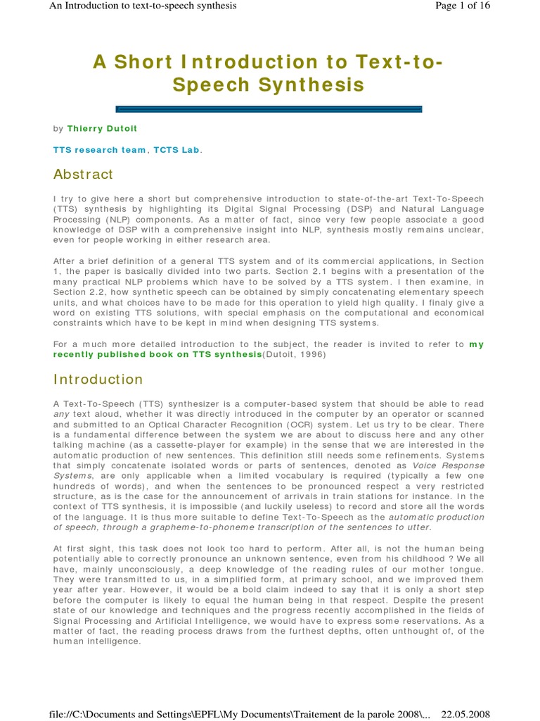 A Short Introduction To Text To Speech S | PDF | Speech Synthesis ...