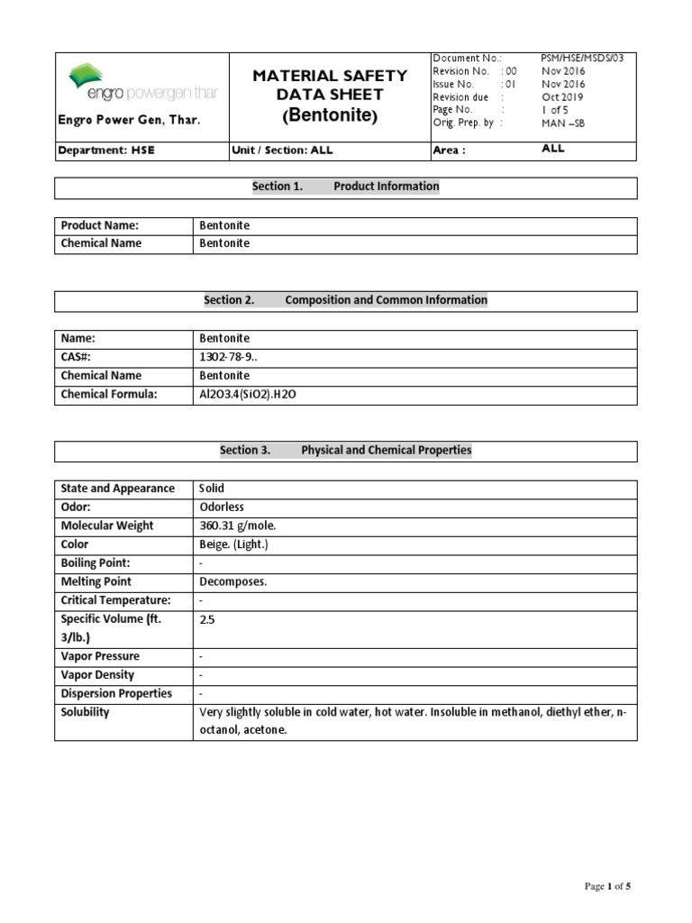 03 MSDS Bentonite | PDF | Personal Protective Equipment | Toxicity