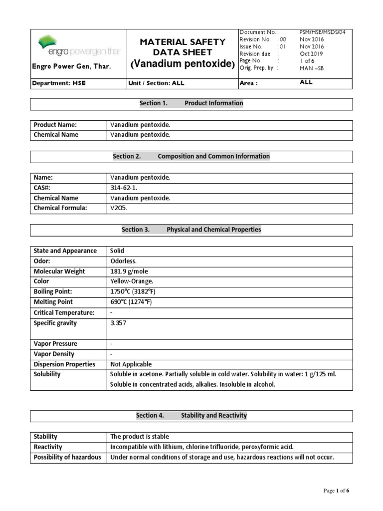 04 MSDS Catalyst (vandium penta oxide) | PDF | Toxicity | Solubility