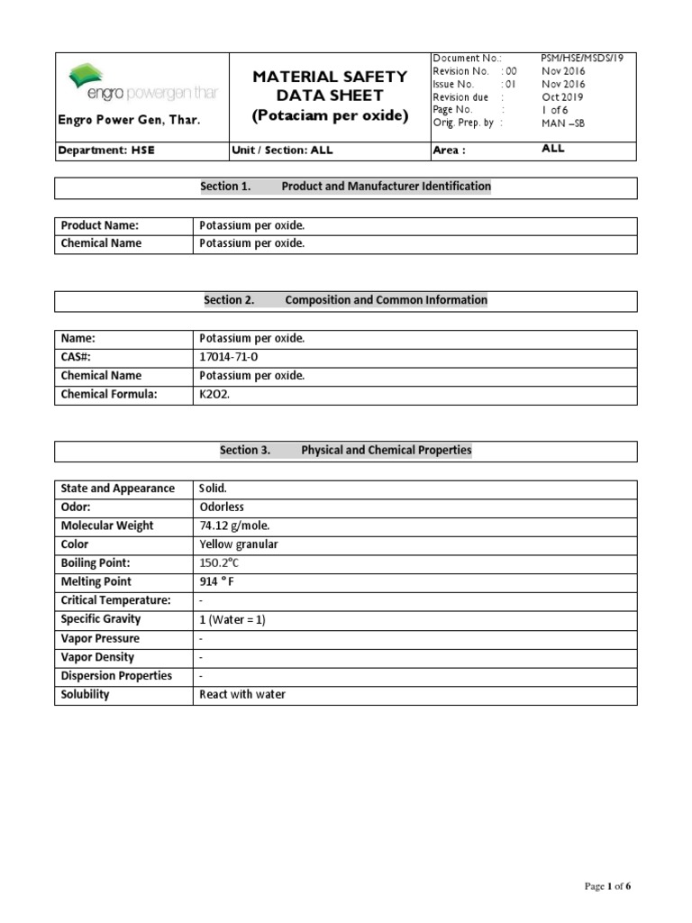 Potassium peroxide MSDS | PDF | Personal Protective Equipment | Dangerous Goods