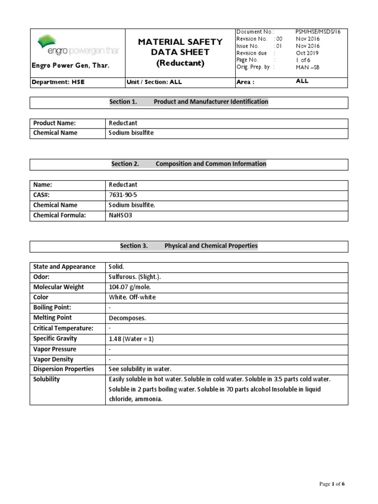 16 MSDS NaHSO3 | PDF | Cough | Dangerous Goods