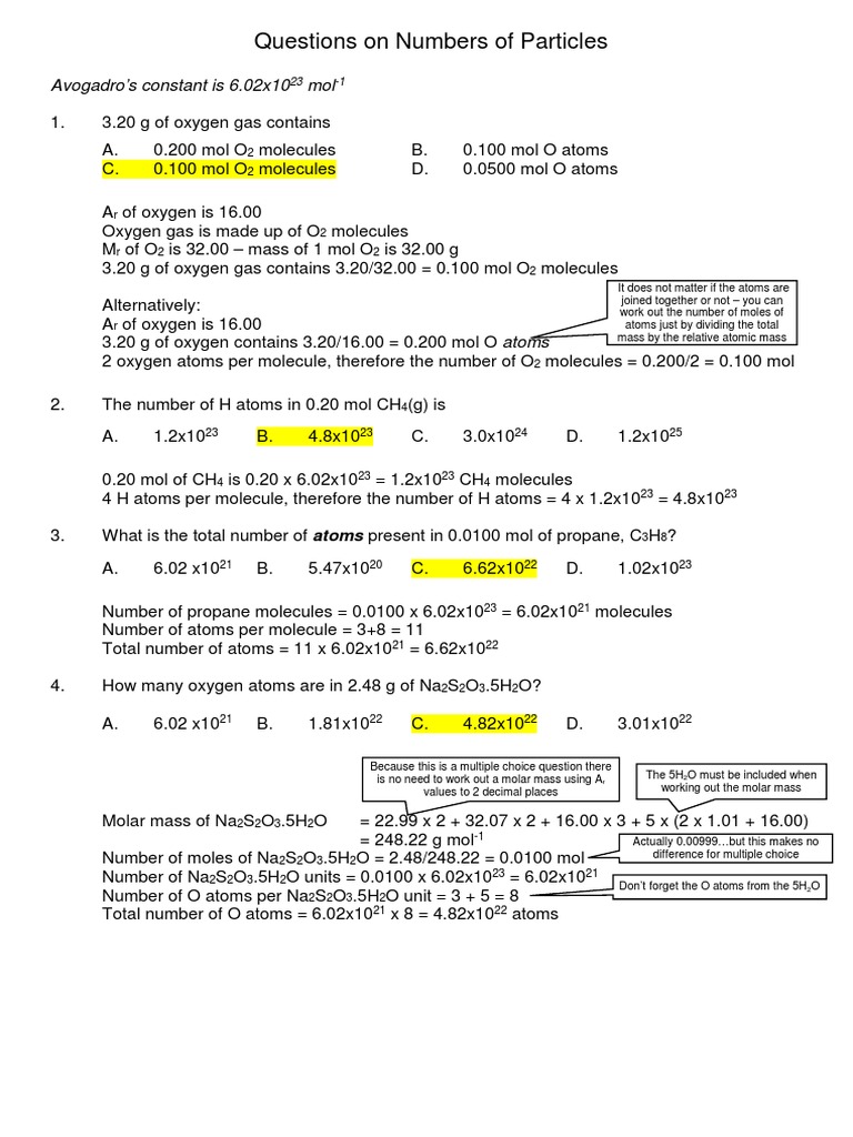 Questions On Numbers Of Particles Answers Pdf Mole Unit Physical Chemistry