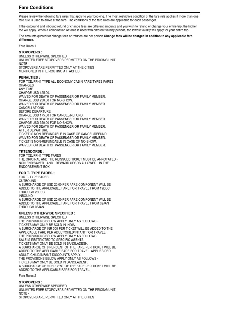 Fare Conditions and Rules for Travel Bookings | PDF | Fare | Ticket (Admission)