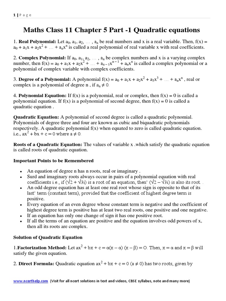 Maths Class 11 Chapter 5 Part -1 Quadratic equations solved | PDF | Quadratic Equation | Polynomial